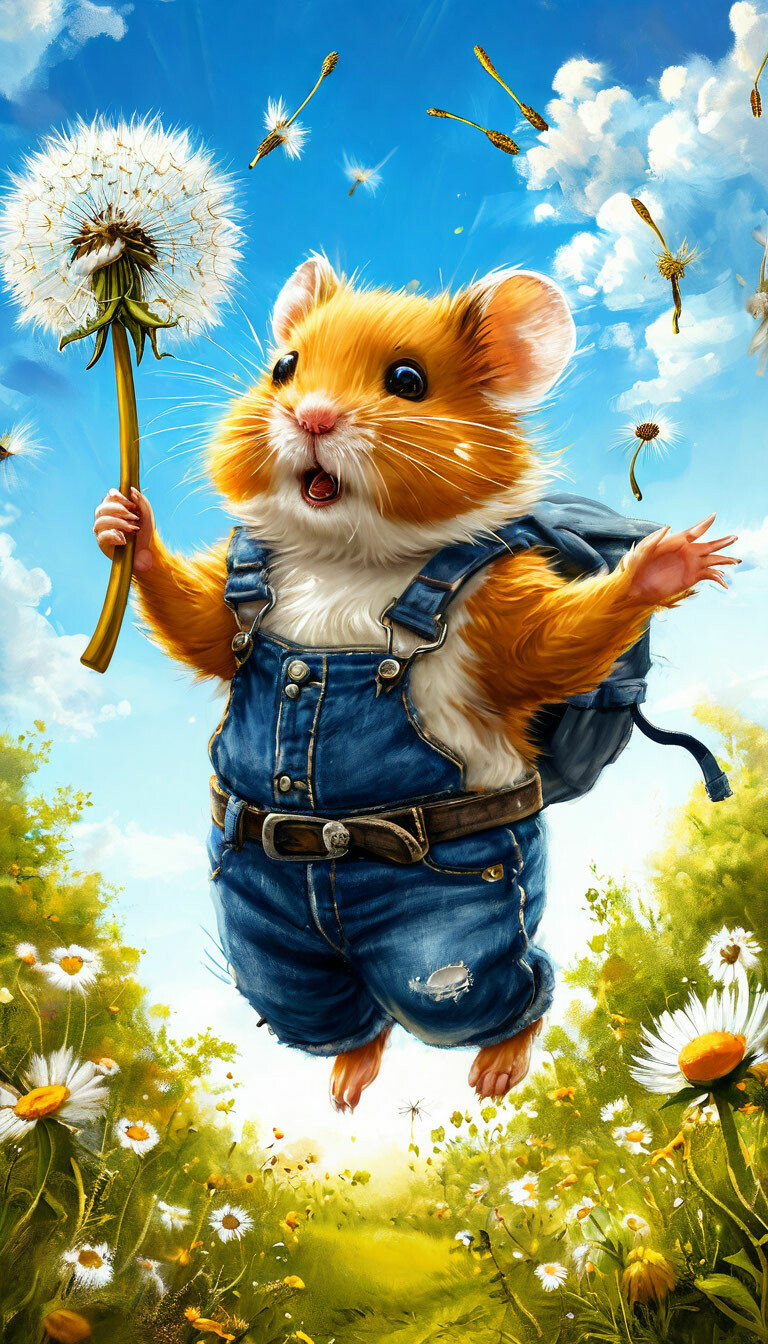 "Hamster He's wearing jeans and holding a big fluffy dandelion in his ...