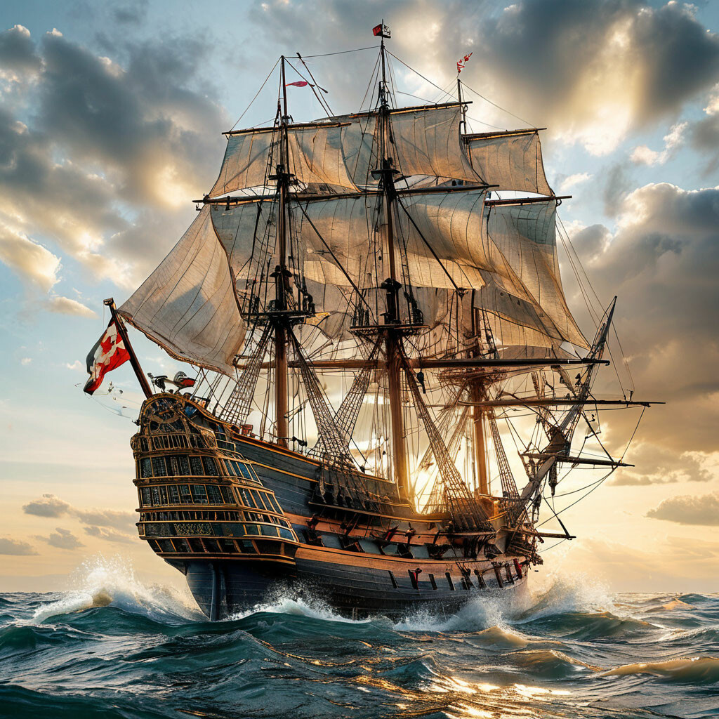 "Pirate ship of the 18th century, storm in the ocean, sails fluttering ...
