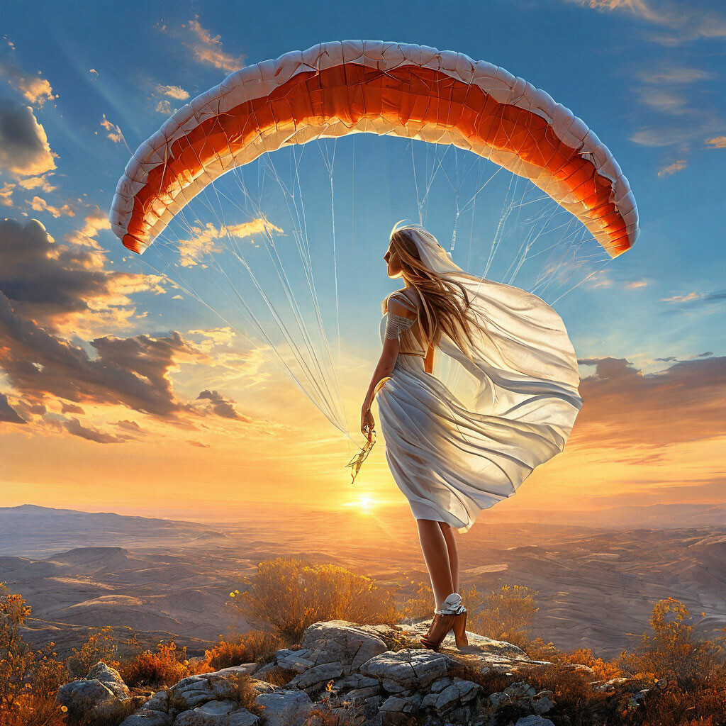 "Huge futuristic figure of a girl with a sports parachute, burning wood ...