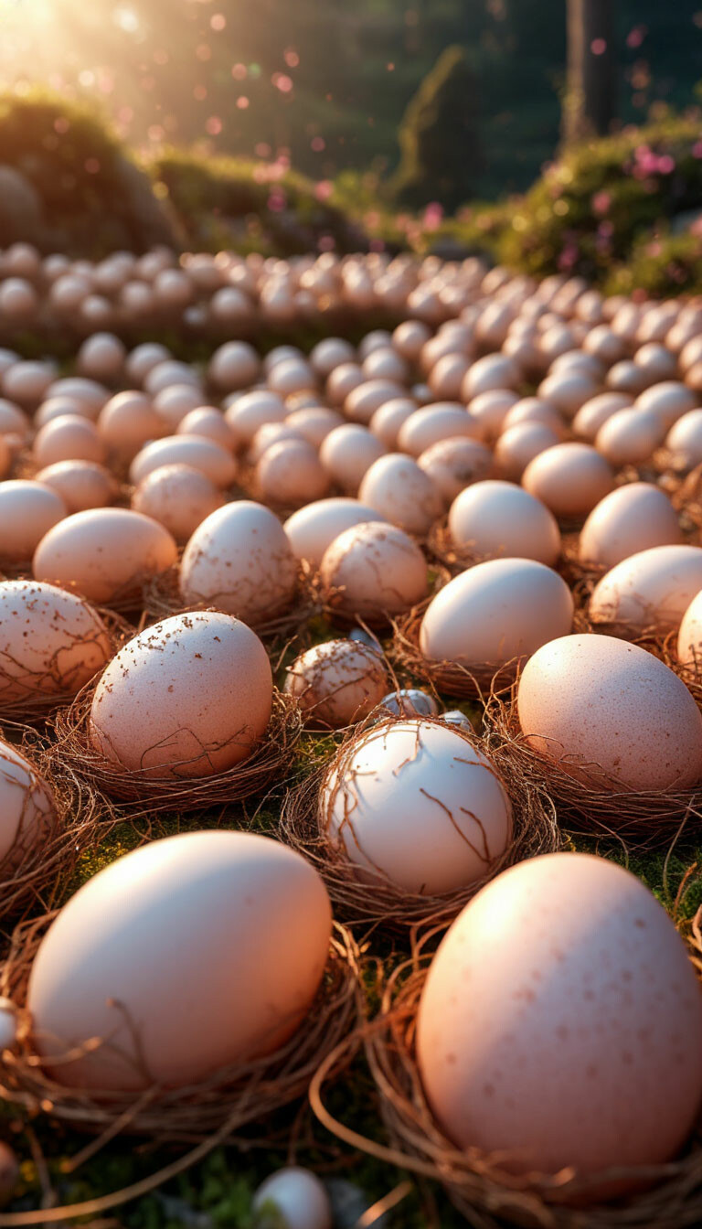 "Paradise of magical eggs, a place , a lot of eggs, beautiful, aesthetic, magical, with shells ...