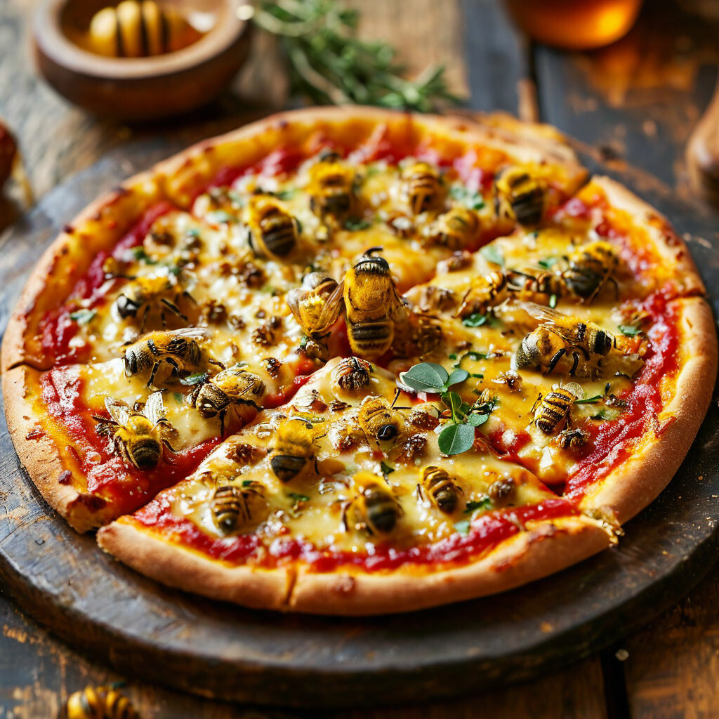 "Pizza with honey and bees" — image created in Shedevrum