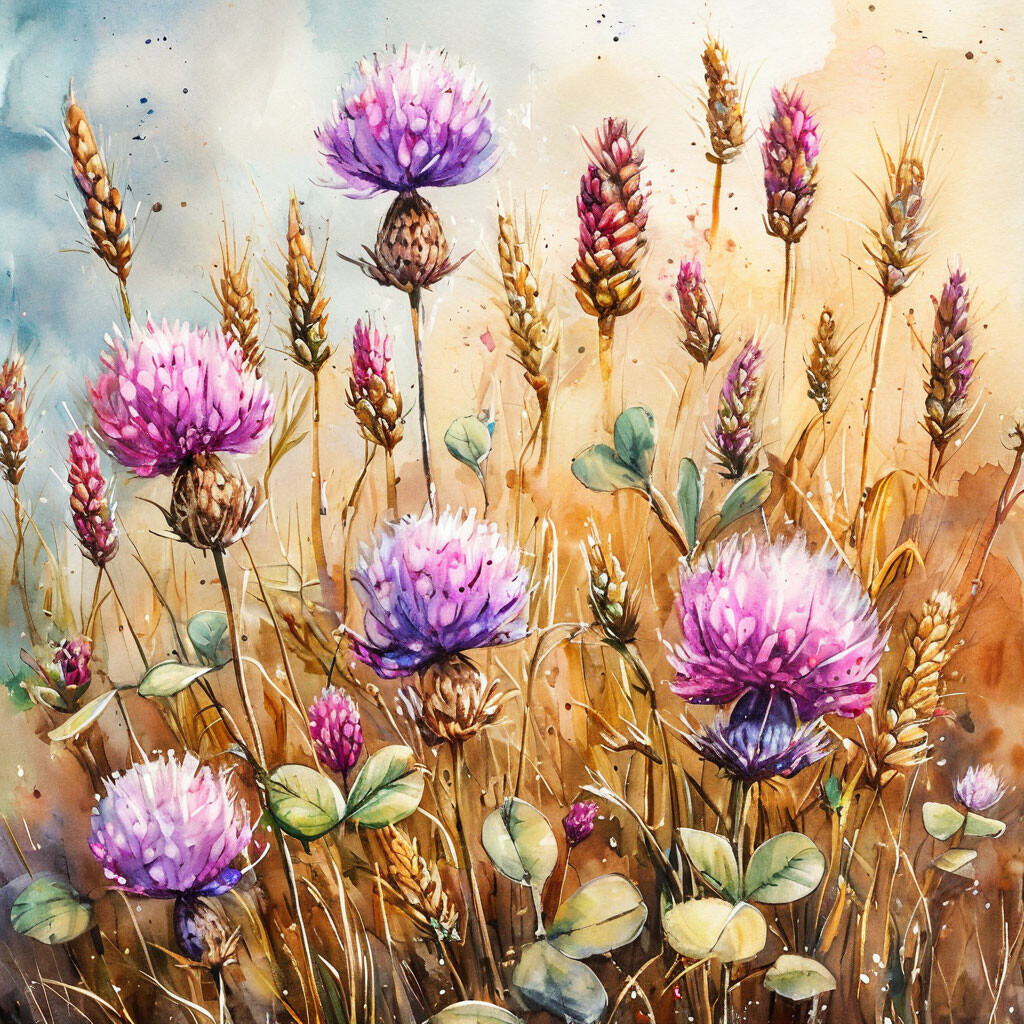 "Small fluffy, clover flowers, ears of corn, watercolor, painting ...