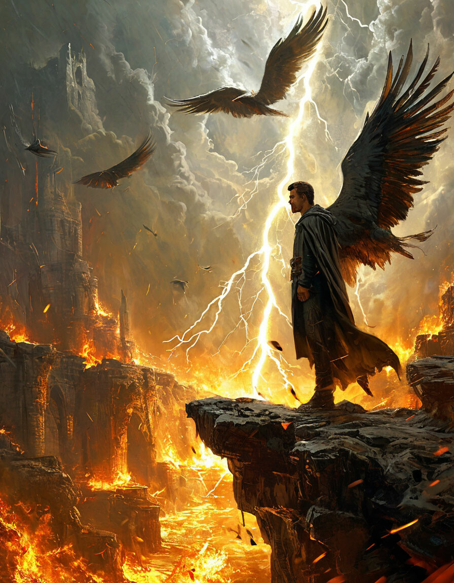" Create a dynamic scene: Lucifer in hell, surrounded by fiery ...