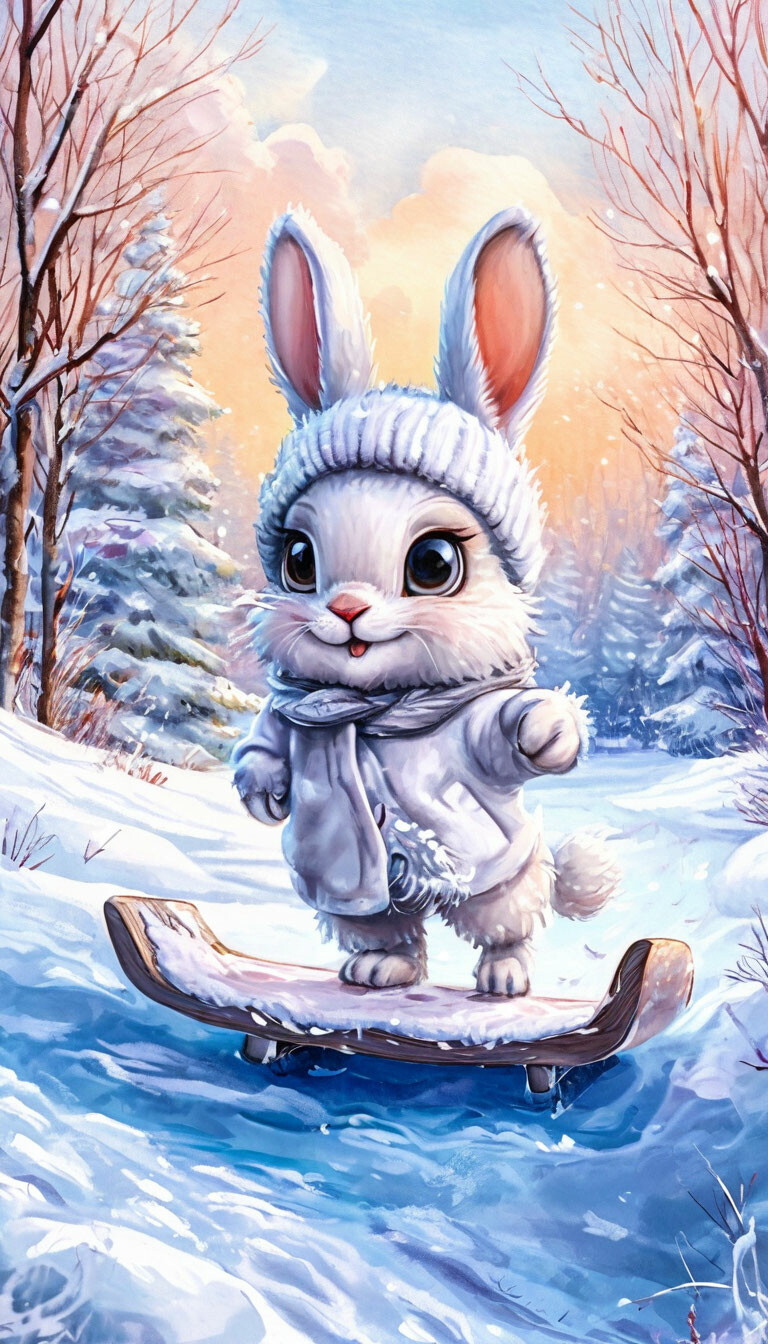 "A cartoon rabbit in a white fur coat and hat rides on a large ice ...