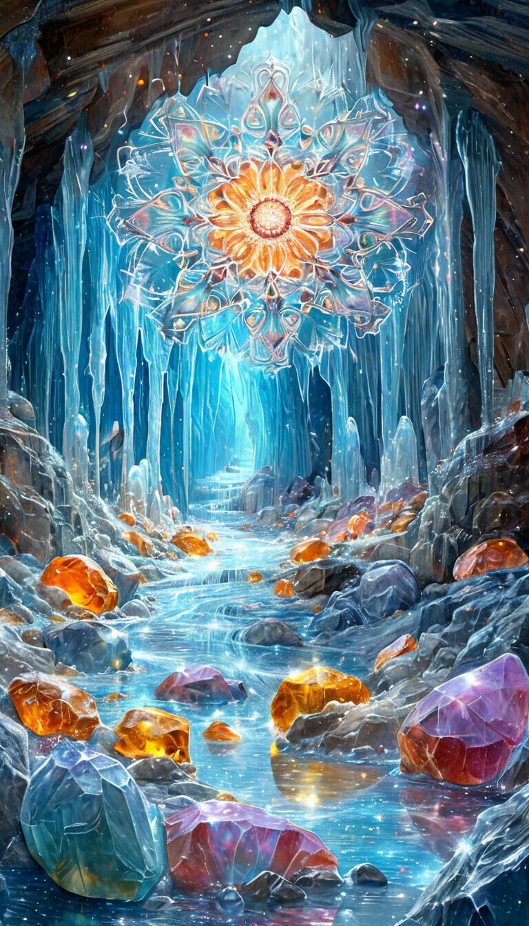 fine lines, multi-exposure, layering, mandala in a transparent ice cave ...