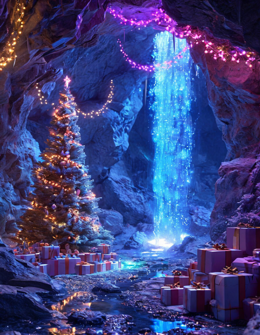 "A cave, realism, neon purple and blue stones, a Christmas garland ...