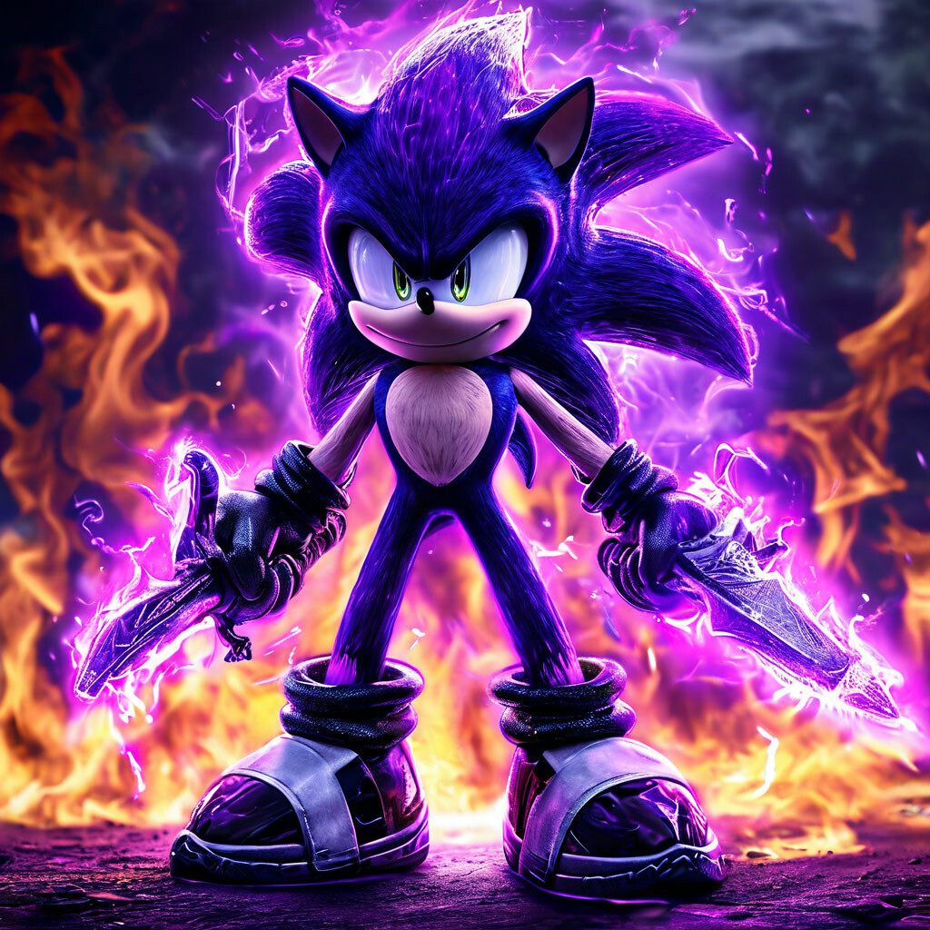 "Dark Sonic purple lighting with a sword on a purple fire background ...