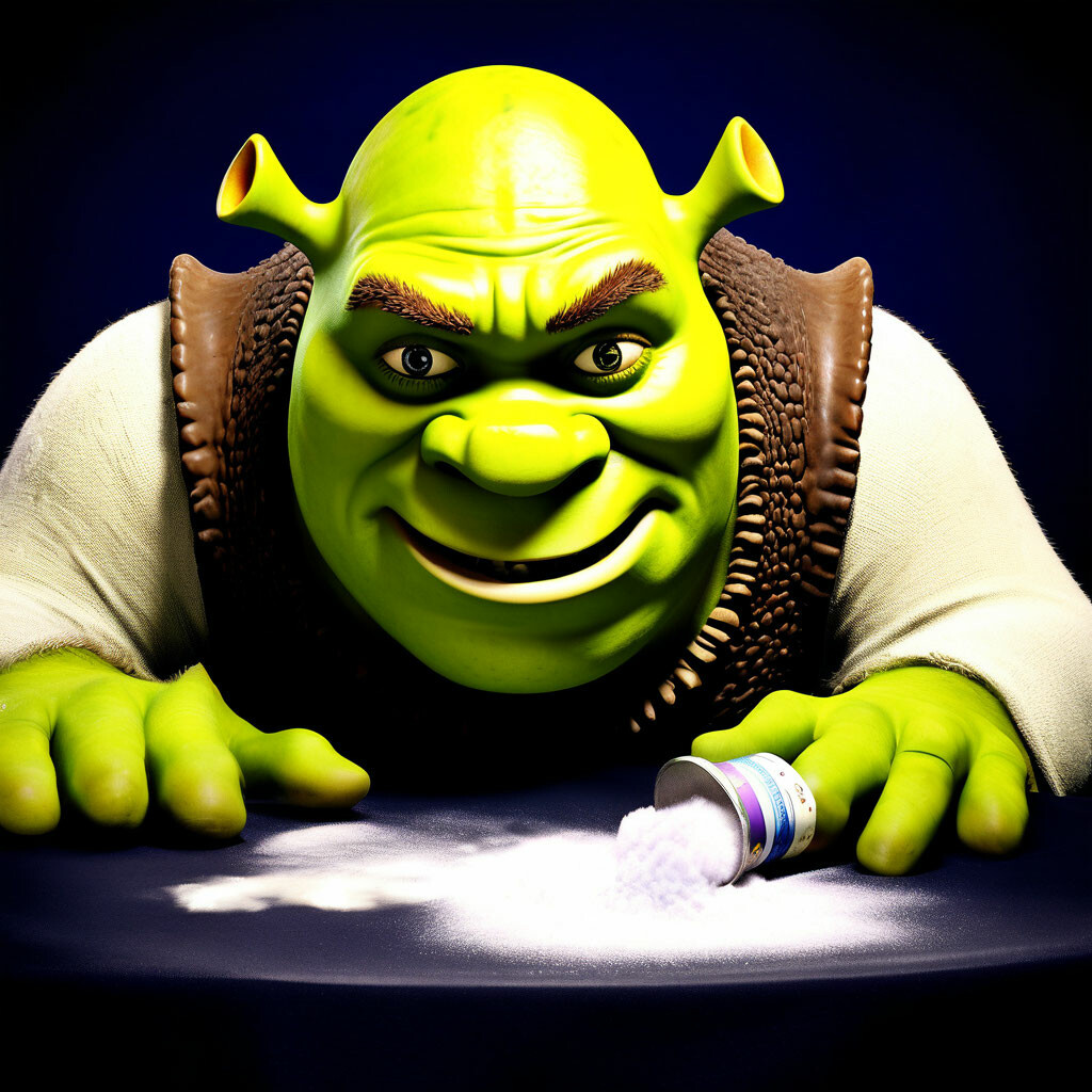 «Шрек наклонился над чёрным столом, …» — картинка создана в Шедевруме