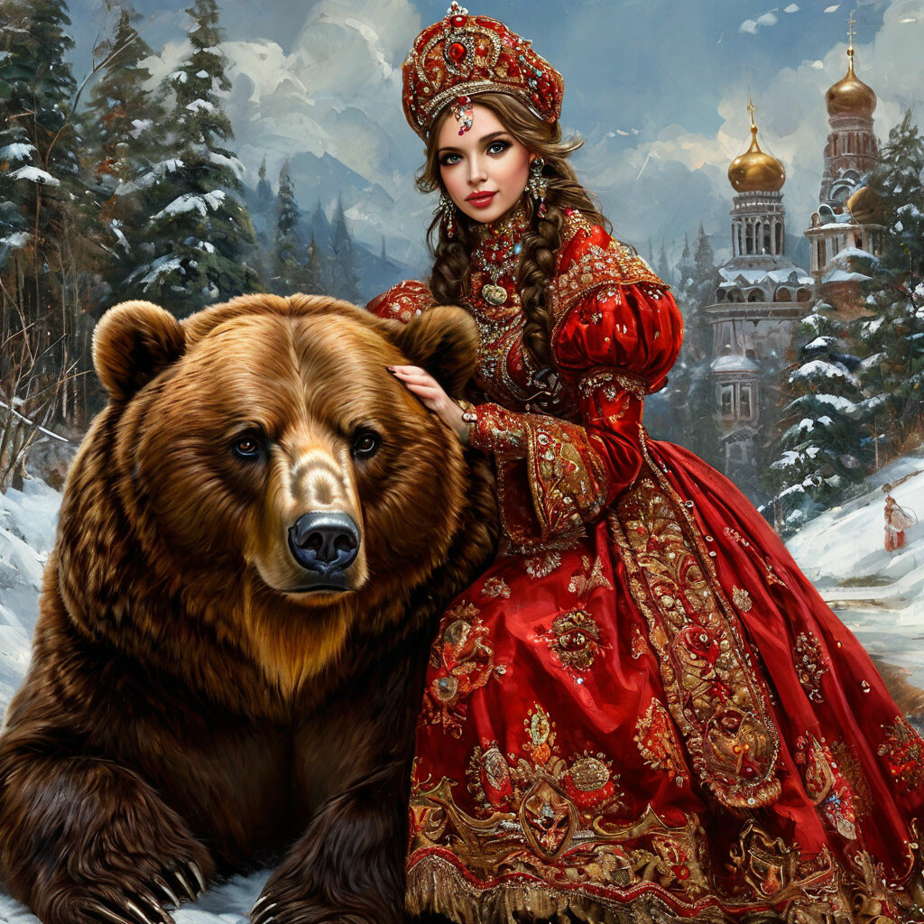 "Russian beauty on a bear." — image created in Shedevrum