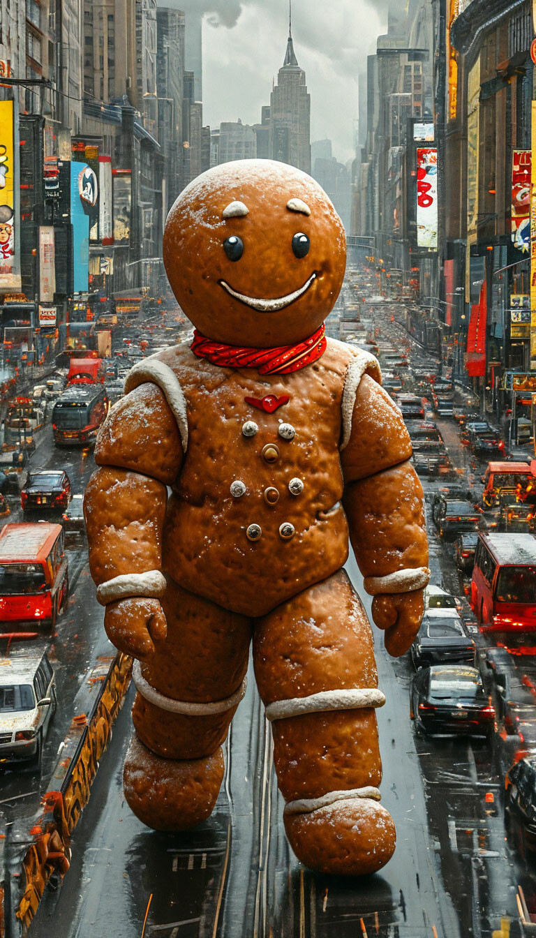 "A huge gingerbread man is walking around the city near him a traffic ...