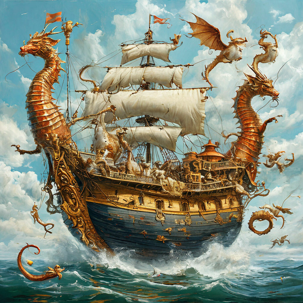 "A large ship in the form of seahorses, mice walking on board, dragons ...