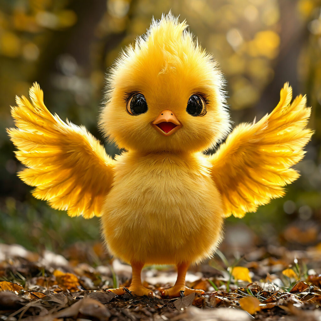 "A cute yellow fluffy chicken spread its wings" — image created in ...