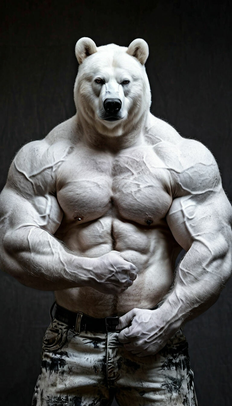 "The man is a white bear,huge,muscles,biceps,pumped up" — image created ...