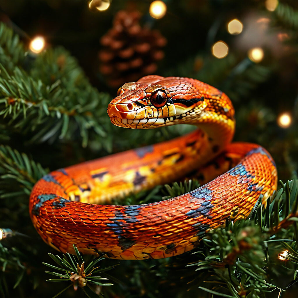 "A tangerine snake sits on a Christmas tree with a garland" — image ...