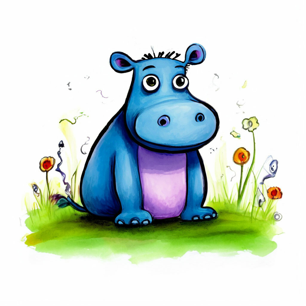 "For Lin , bug-eyed hippo, sitting on …" — image created in Shedevrum