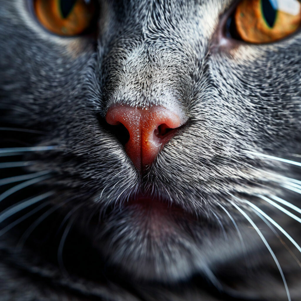 "Close-up of a pink nose of a gray cat…" — image created in Shedevrum