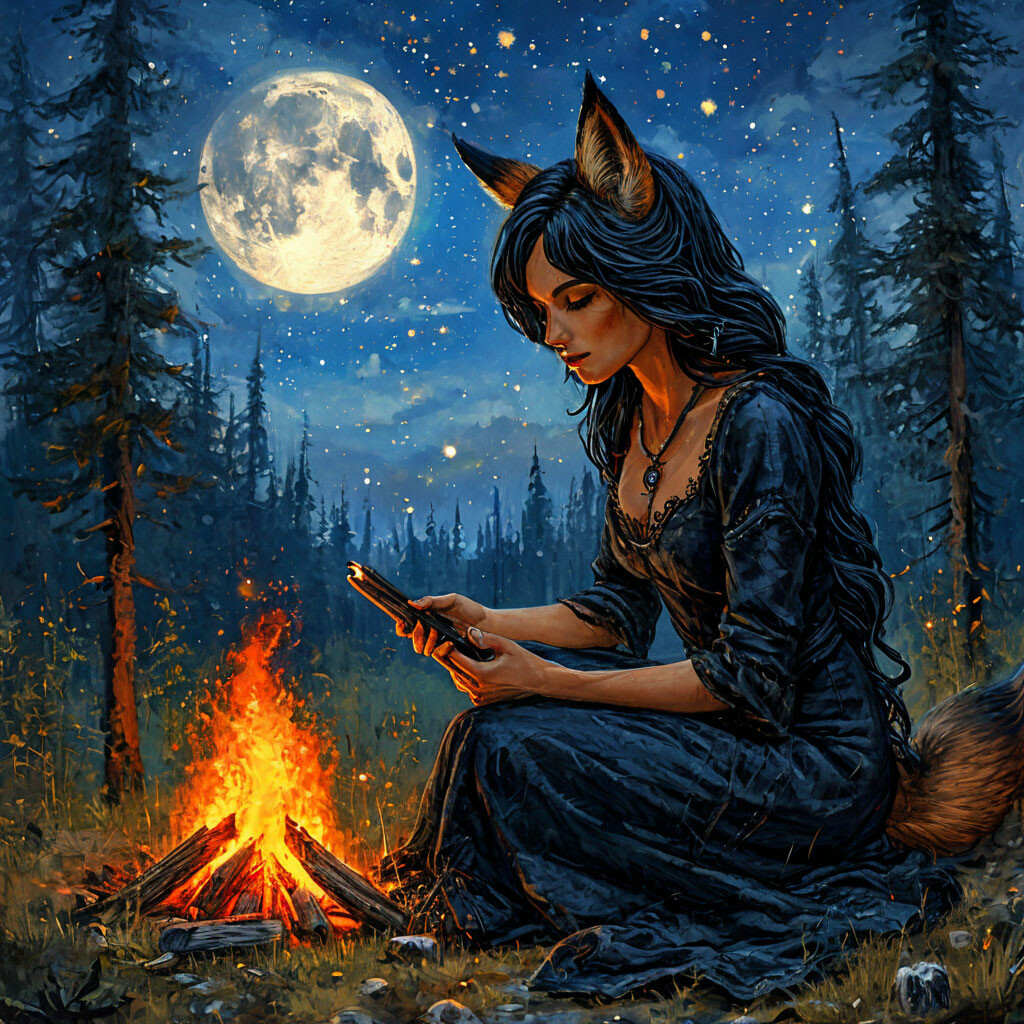 "A fox witch with black hair, in a …" — image created in Shedevrum