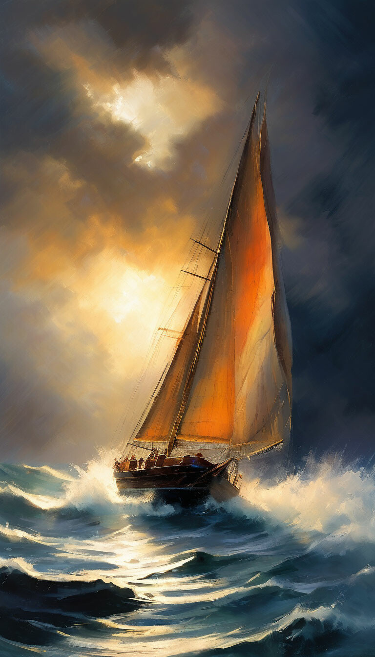"🌊 Sea, sailboat, boat in a storm, near the shore Painting The style of ...