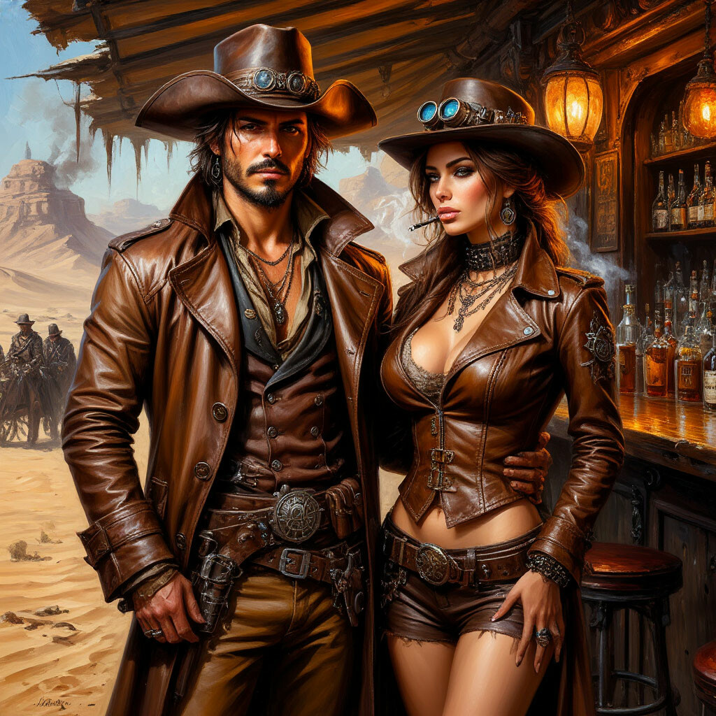 «Пустынный корсар в длинном коричневом кожаном плаще и кожаной шляпе со своей любимой красоткой