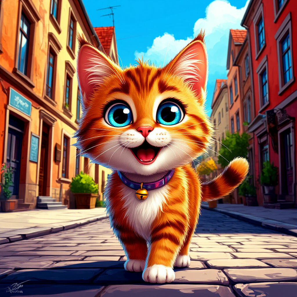 "Cartoon joyful cat walks through the city, looks at houses with ...