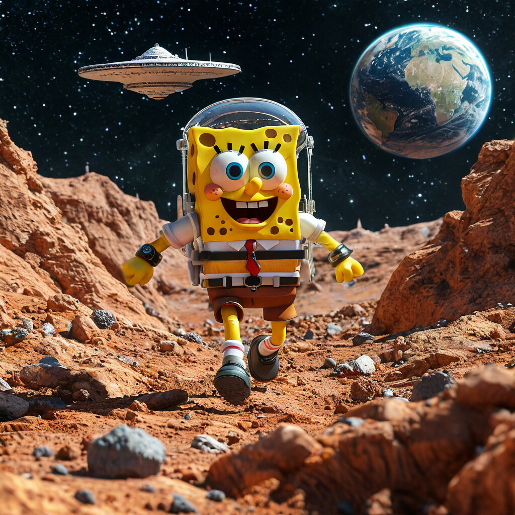 "Spongebob in a spacesuit in a transparent helmet runs on Mars mountain ...