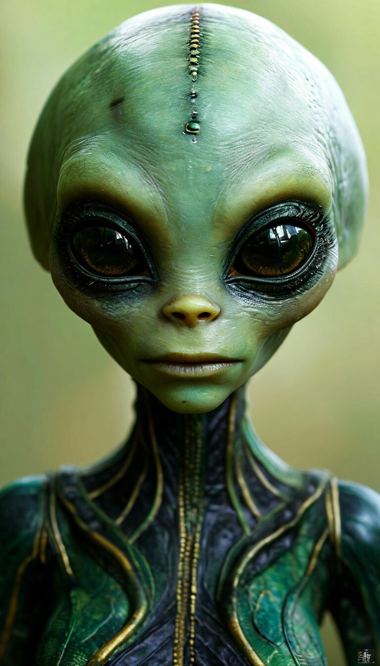 "Beautiful alien, bald, green skin, big head, big black eyes" — image ...