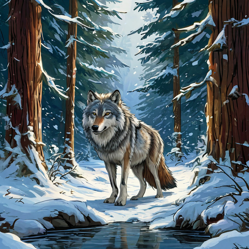 "A wolf prowls through the forest in winter cartoon" — image created in ...