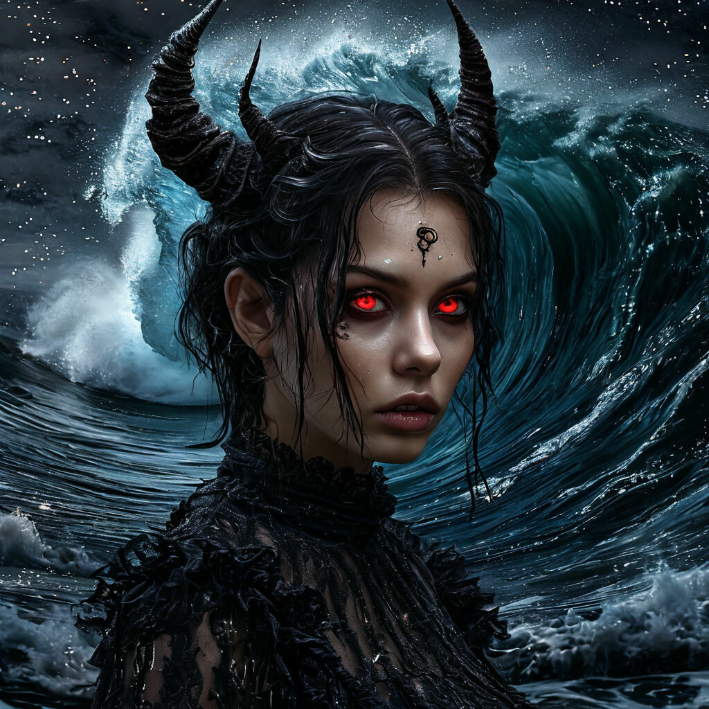 "A beautiful black huge tsunami wave shimmers and glows. beautiful girl ...