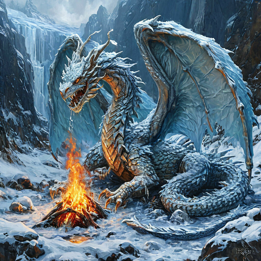 "The Ice Serpent Gorynych, consisting of ice and water, warming himself ...