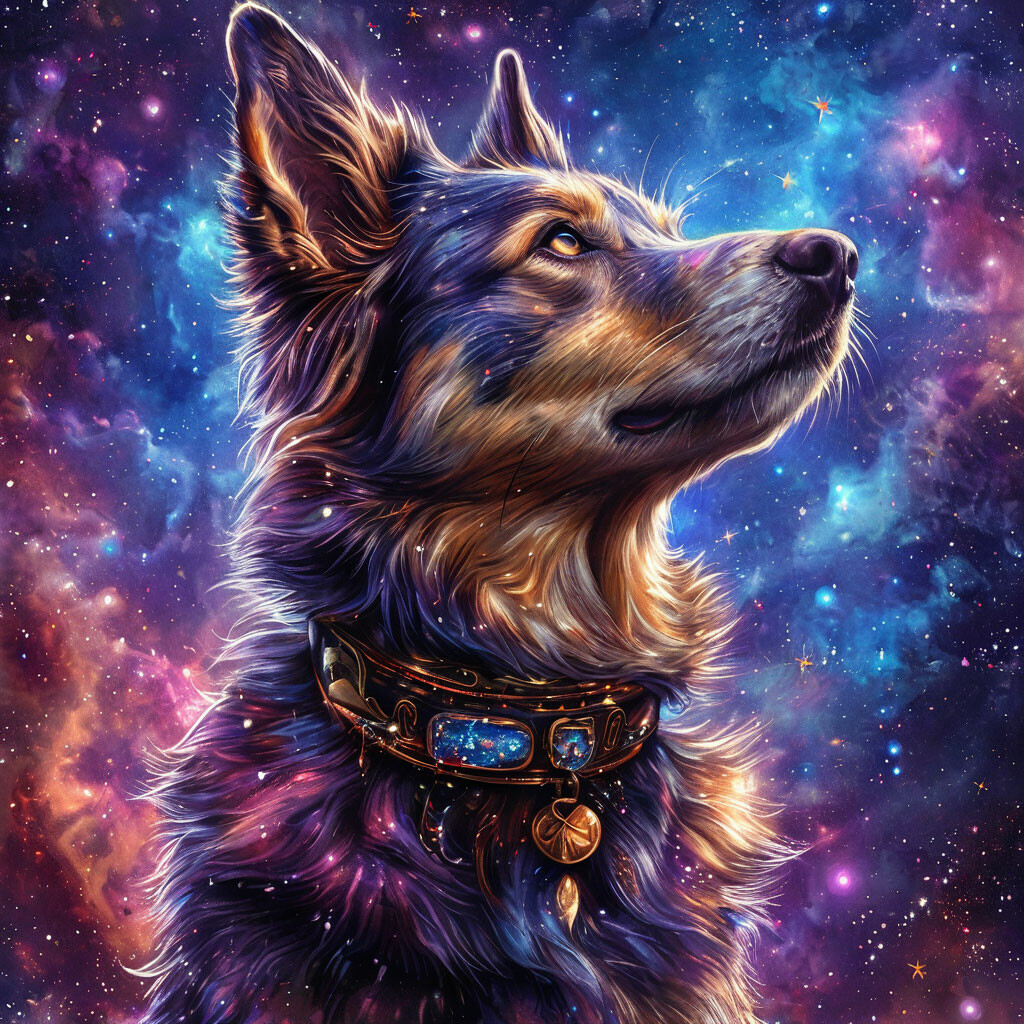 "A magical dog With an aura of space" — image created in Shedevrum