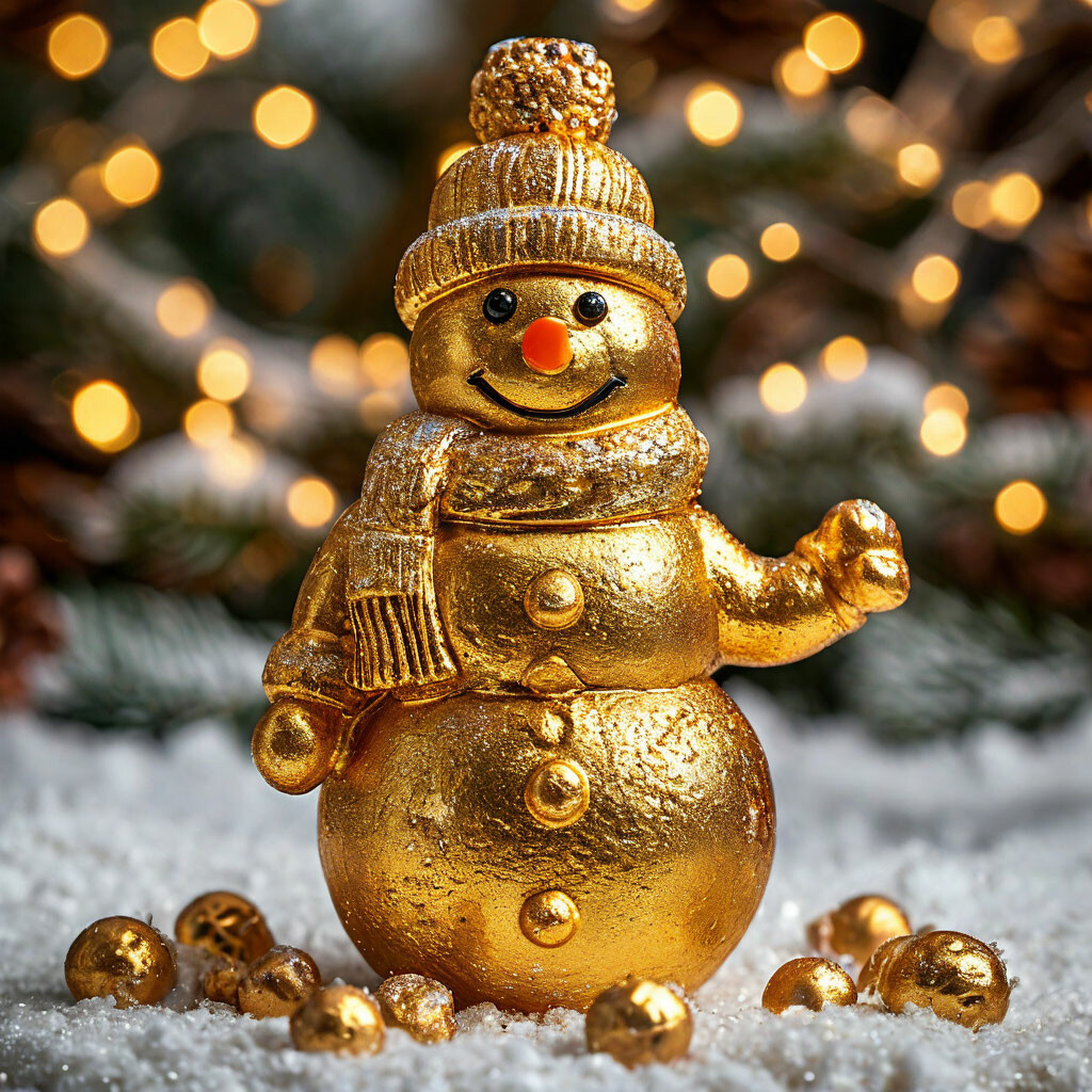 "A bright golden snowman filled with happiness with a handful of golden ...
