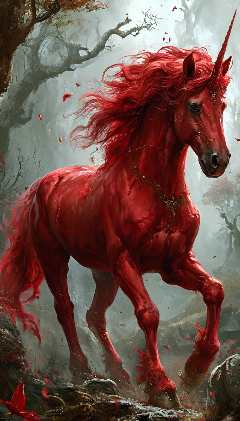 "The red unicorn dark fantasy art" — image created in Shedevrum