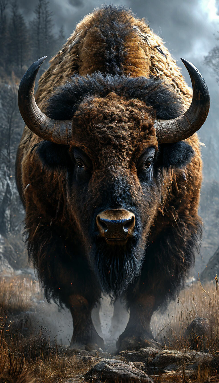 "Bison, epic, Dark fantasy. hyperrealism dynamic 60 k, high resolution ...