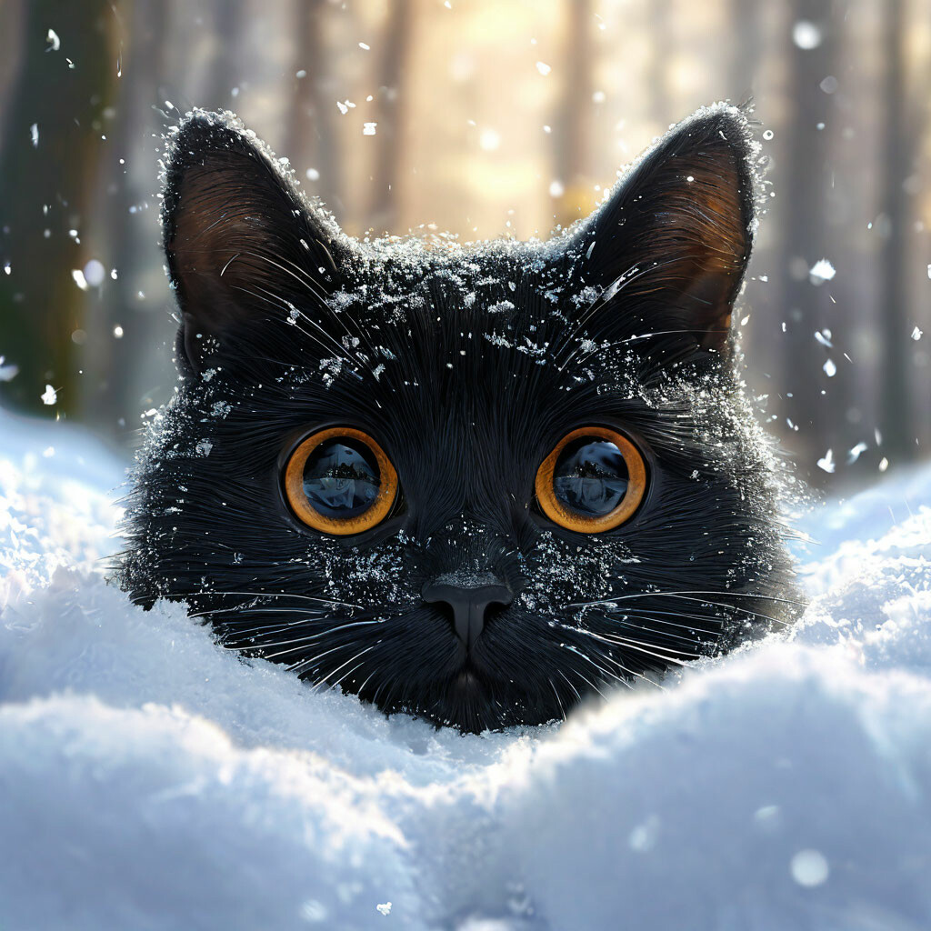 "A black cat is hiding buried in a white snowdrift, it's snowing a lot ...