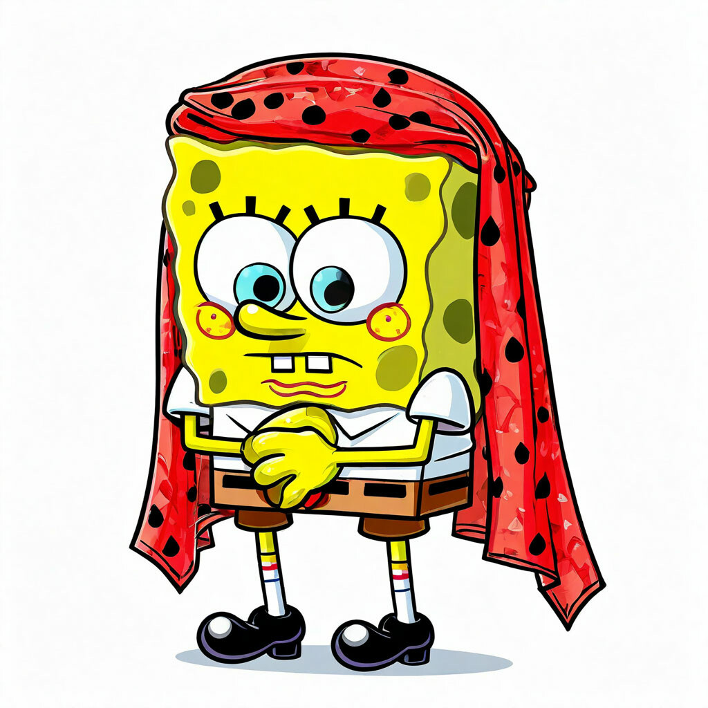 "SpongeBob in Arabic red kufiya rubs his hands on a white background ...