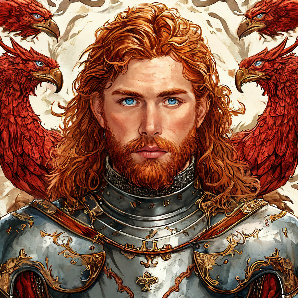 "A young man. Red long length hair. …" — image created in Shedevrum