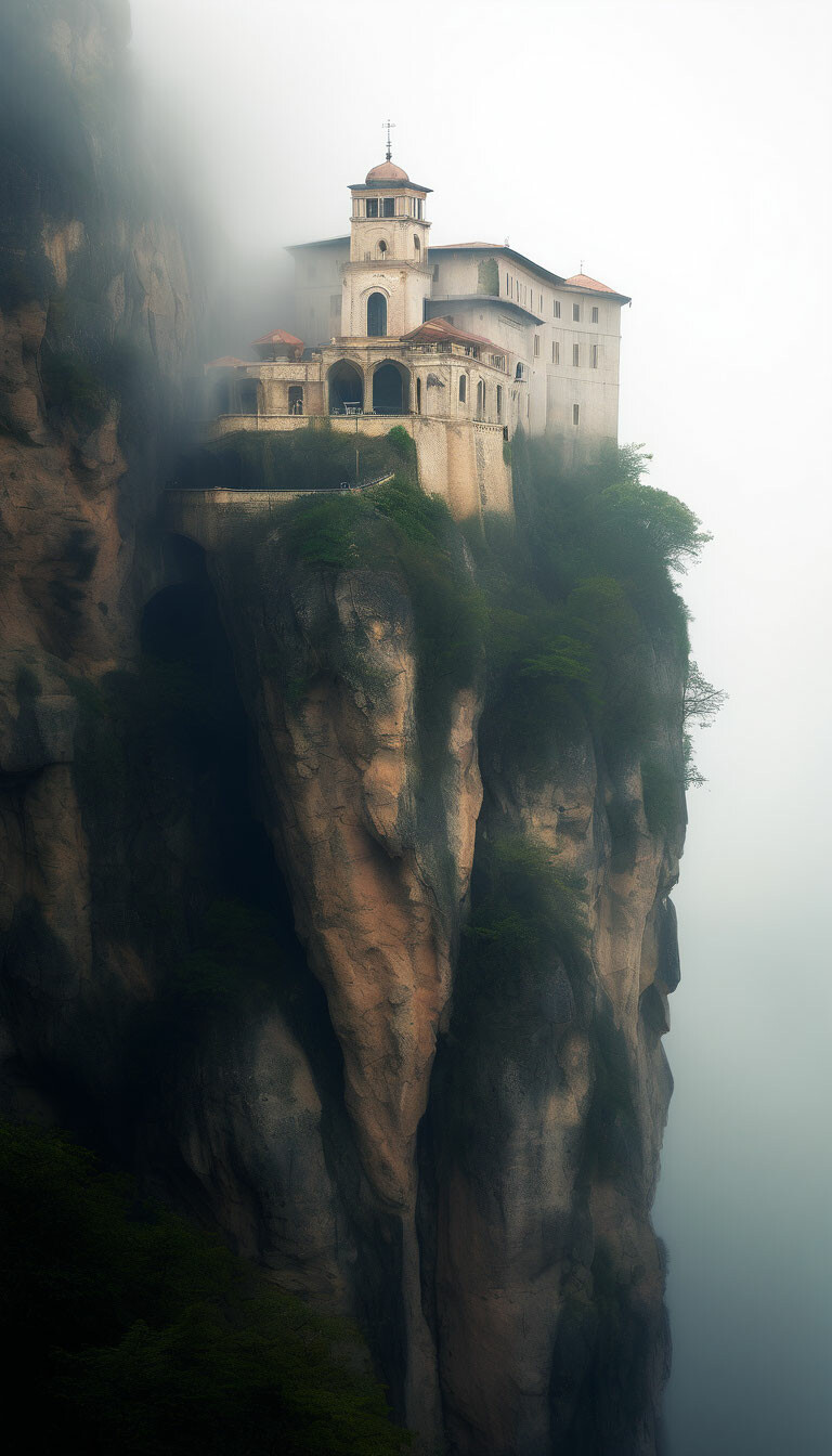 monastery on top of a steep …" — image created in Shedevrum