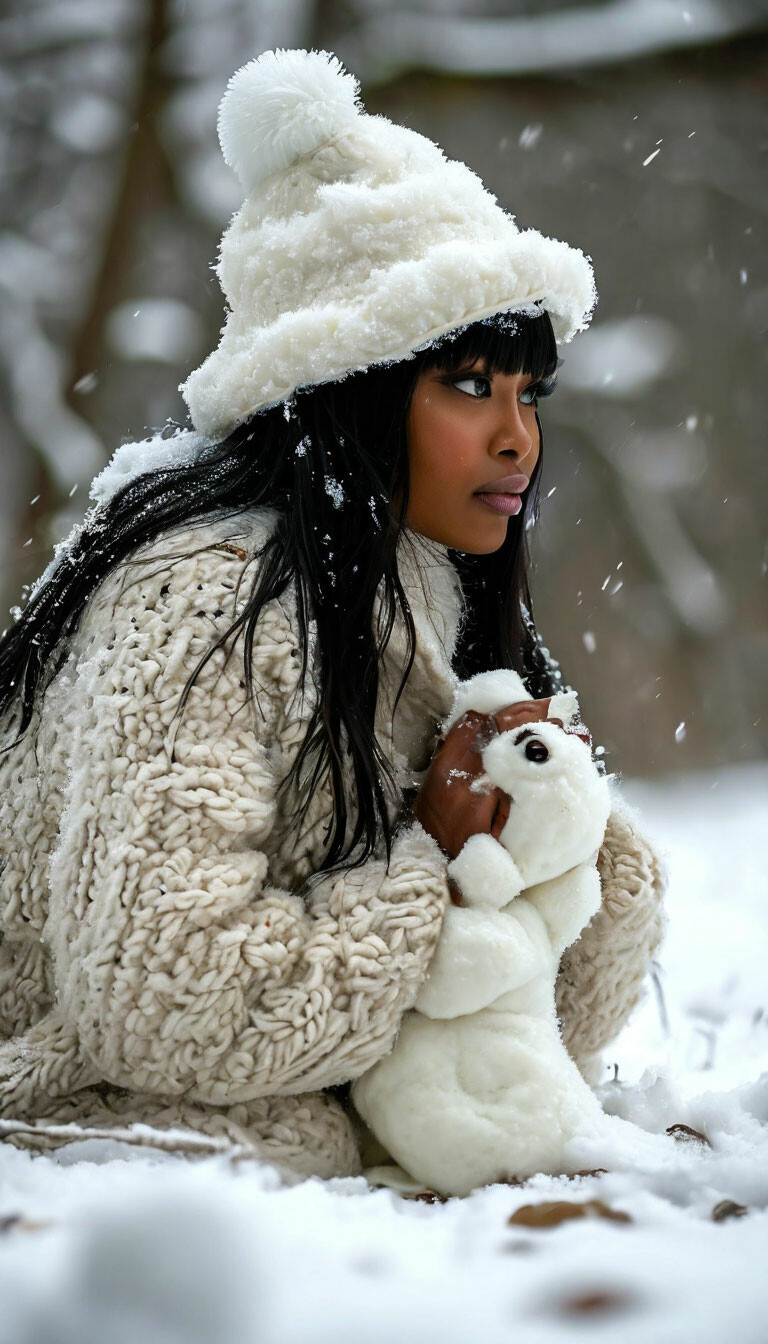 "The snowman frog Naomi Campbell sniffs the white snow" — image created ...