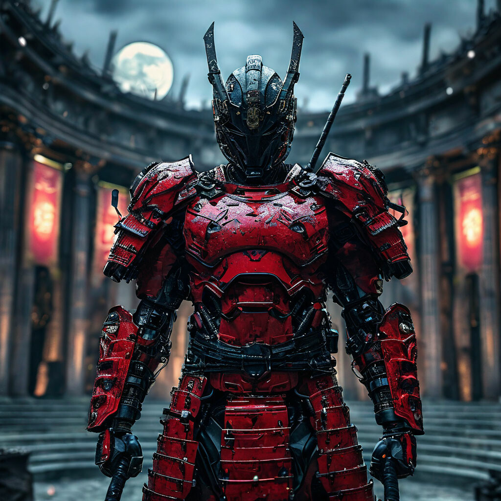 "A cyborg in red cybernetic Japanese …" — image created in Shedevrum