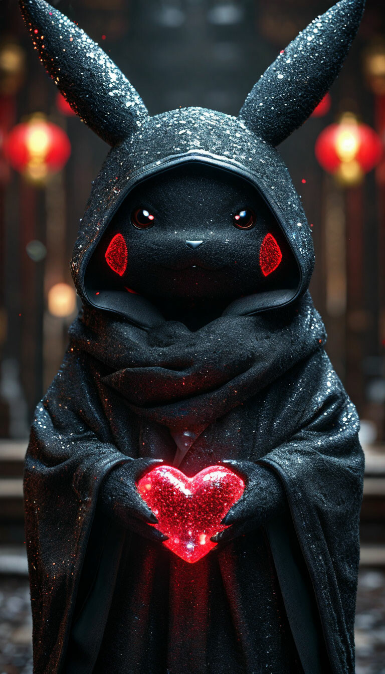 «Stylish anthropomorphic Pikachu man in a robe holds a heart, flooded ...