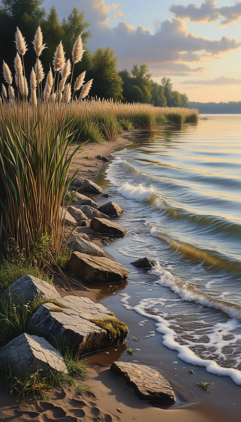 "Oil painting. gentle dawn, pond, shore, white foam, waves, fluffy ...