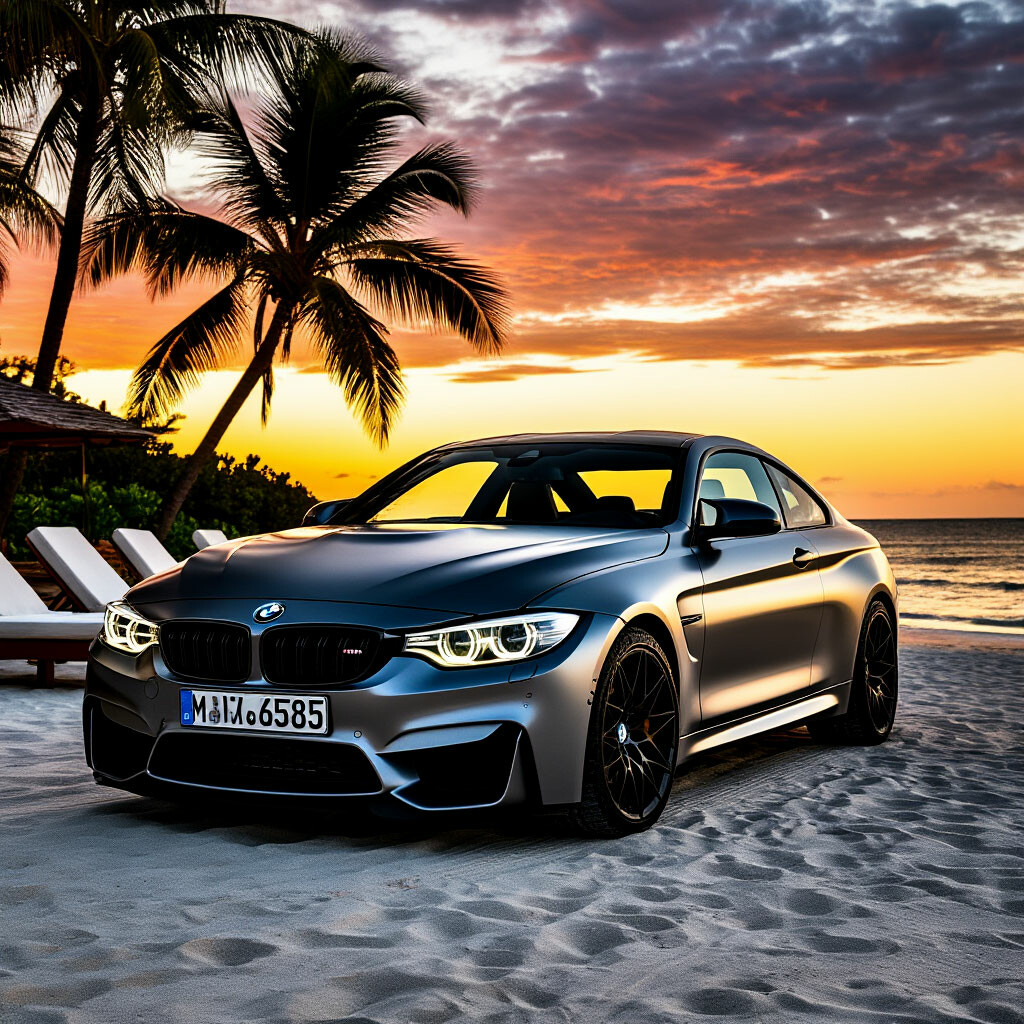 "Order 276 Bmw m4 gts stands at sunset on the beach near the sun ...