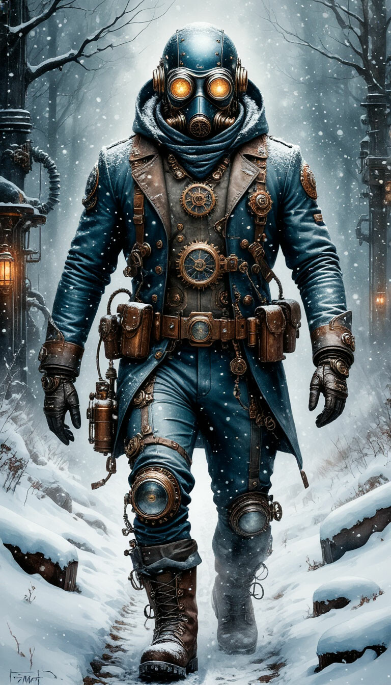 "Fantasy, steampunk winter atmosphere, man in a winter suit steampunk ...
