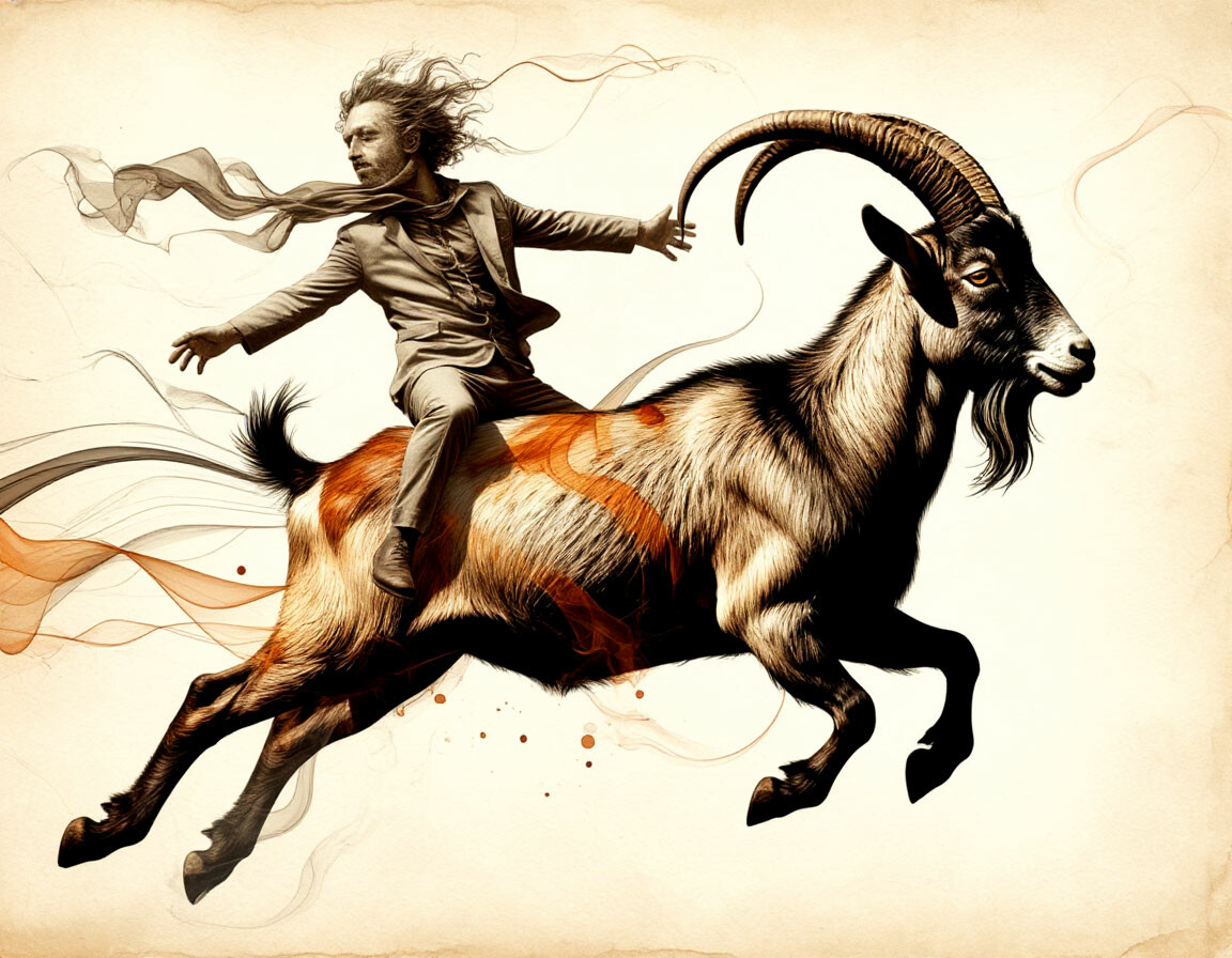 "Drunk, on a goat , flying into the wind, double exposure, lines ...