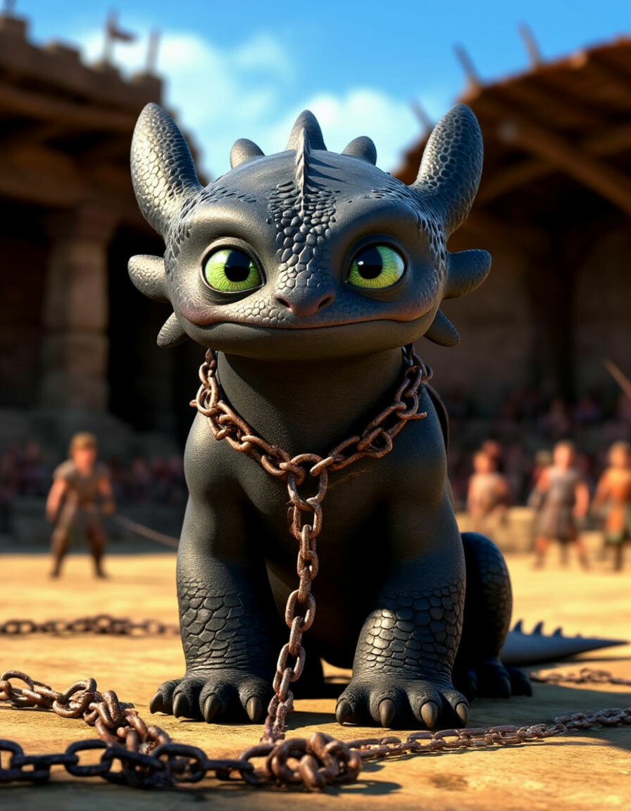 "How to train your dragon. Dragon Toothless, wrapped in chains, sad, in ...