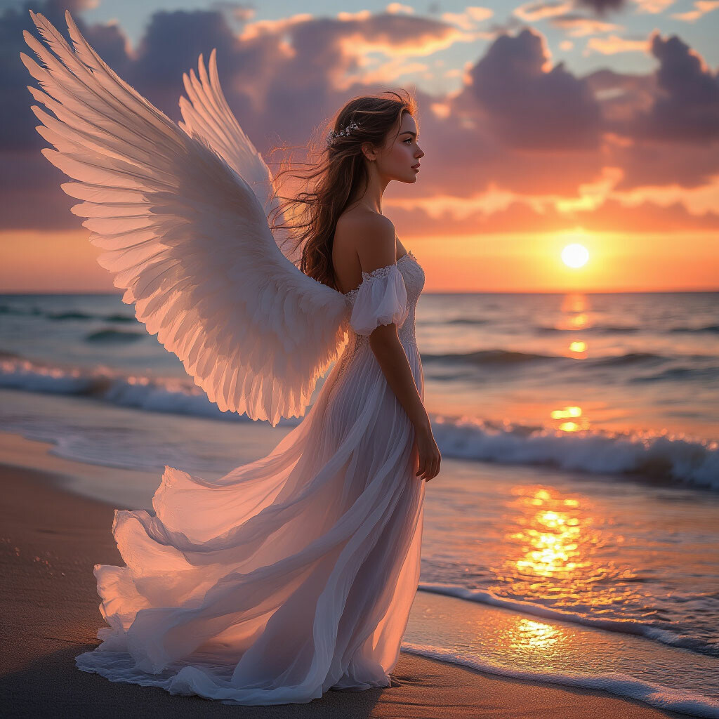"A beautiful angel is admiring the sunset by the sea" — image created ...