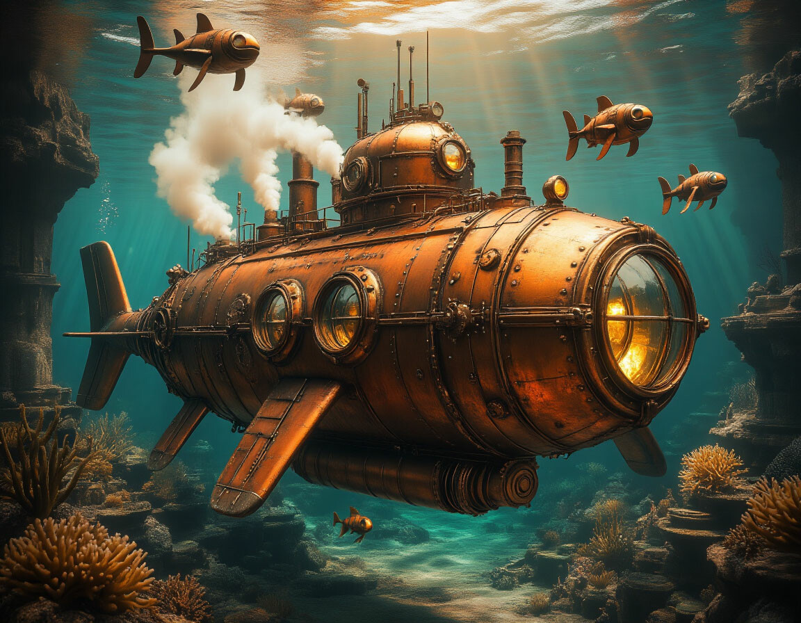 «Steampunk submarine diving into deep ocean, brass and copper hull with ...