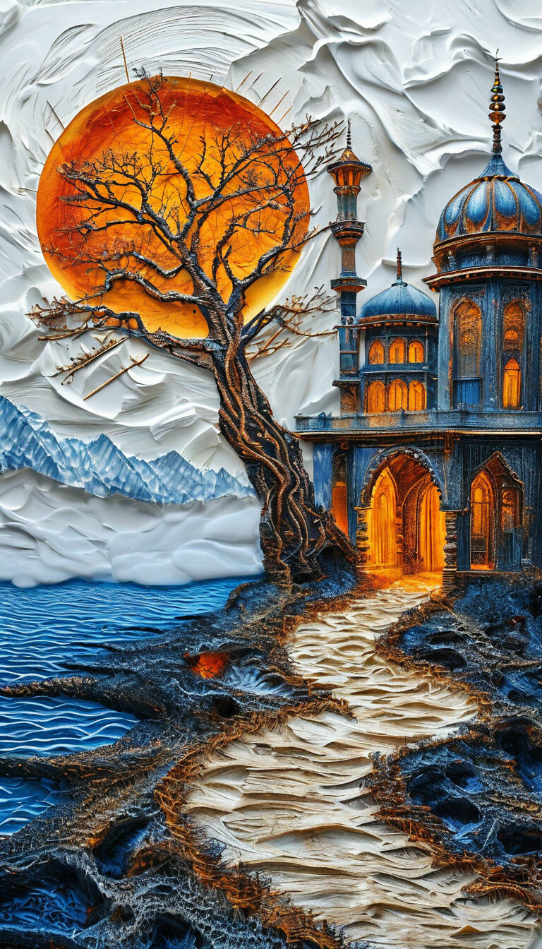 "Surrealism,string art, city 3 d bas-relief, desert, dunes, Taj Mahal ...