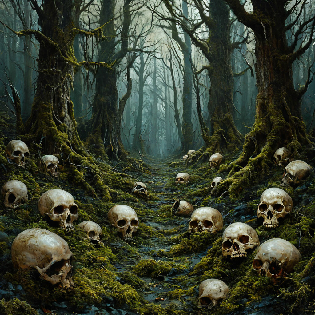"A very dark creepy forest strewn with skulls that are covered with ...