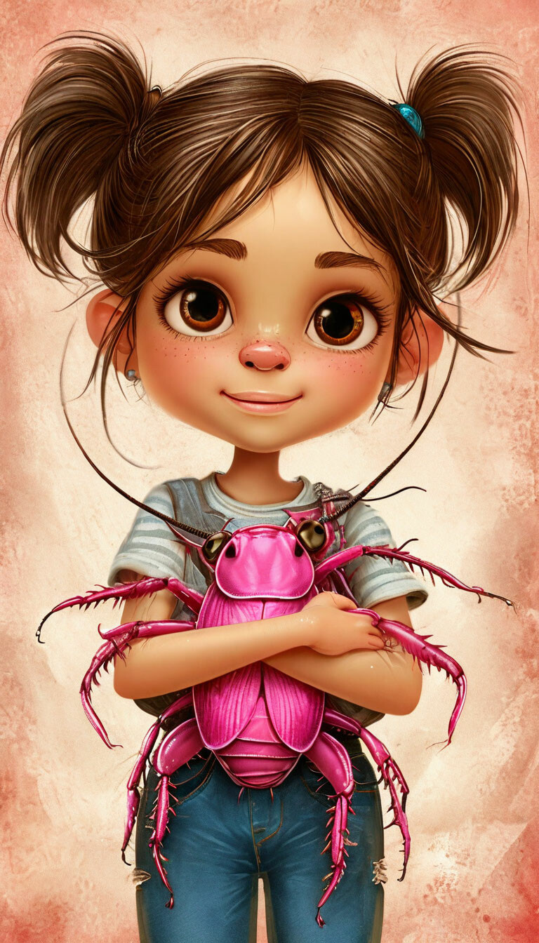 "A girl and a pink cockroach children's illustration cartoon hug ...